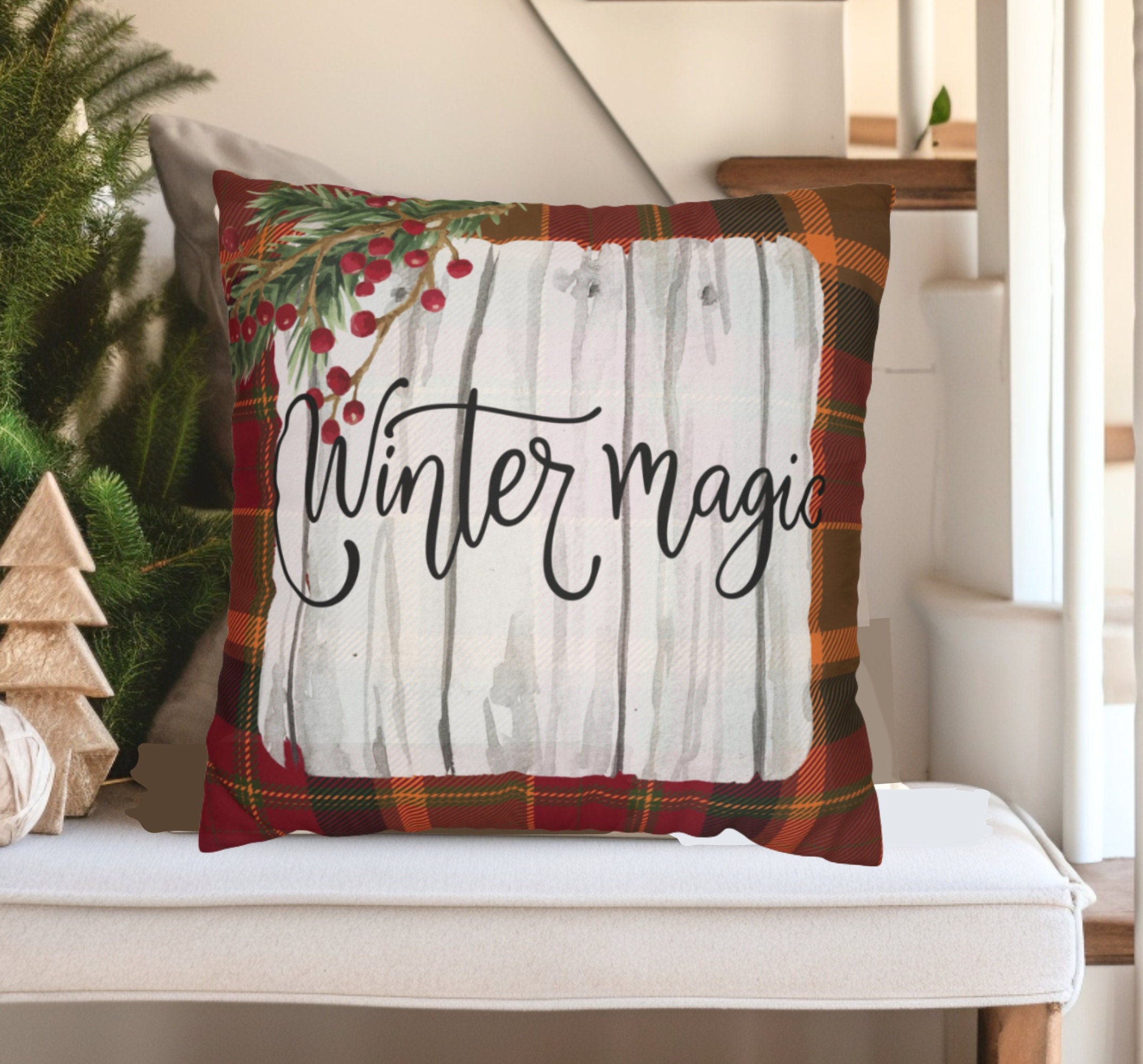 Christmas Pillow Cover, Rustic Square Pillow Cover, Watercolor Owl ...