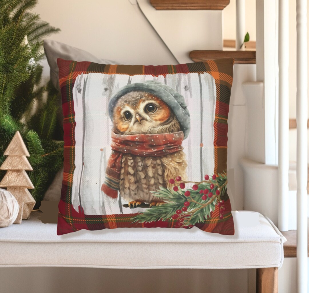 Christmas Pillow Cover, Rustic Square Pillow Cover, Watercolor Owl ...