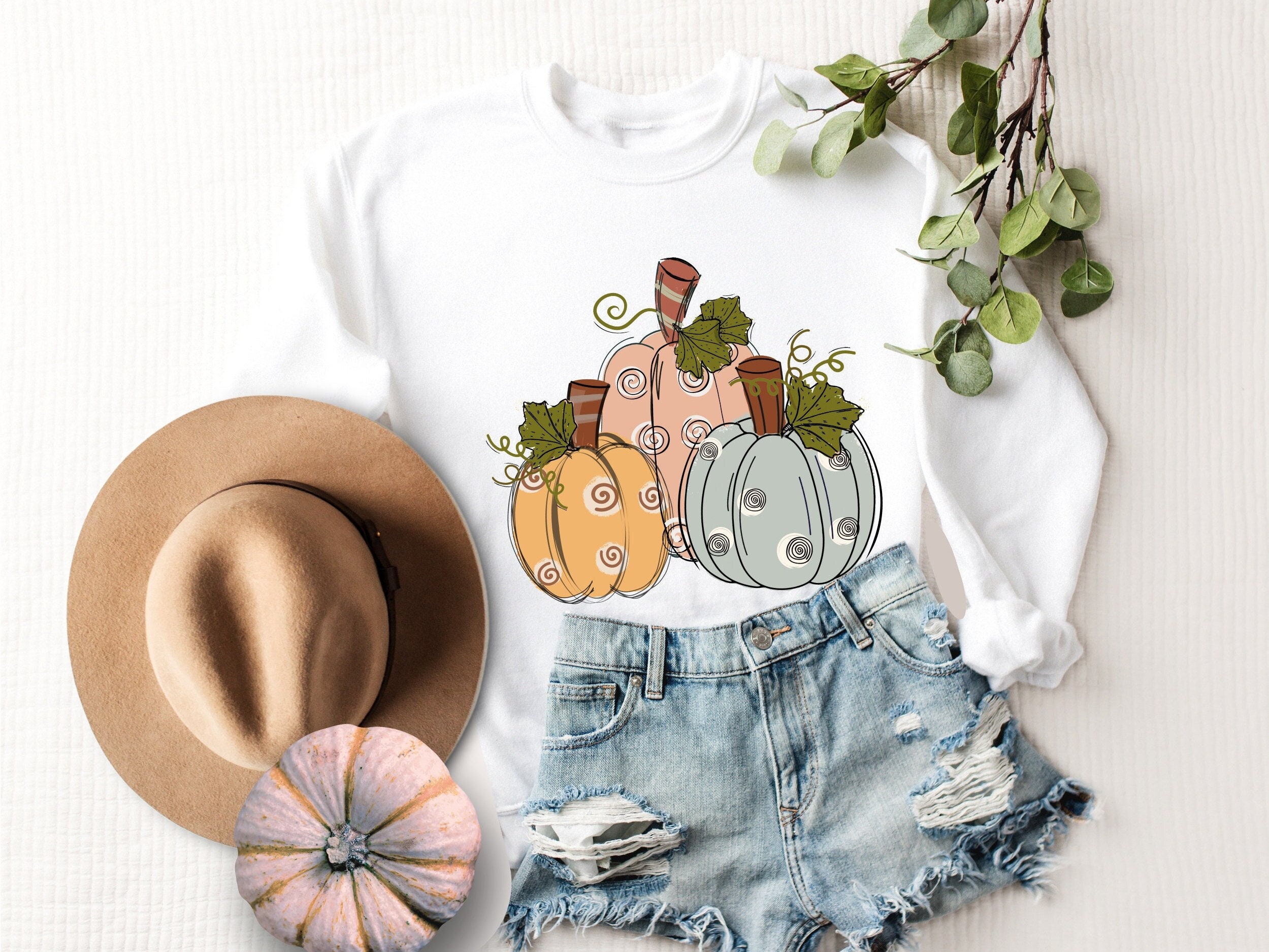 Women's Fall Pastel Pumpkins Crewneck Sweatshirt Hand - Etsy