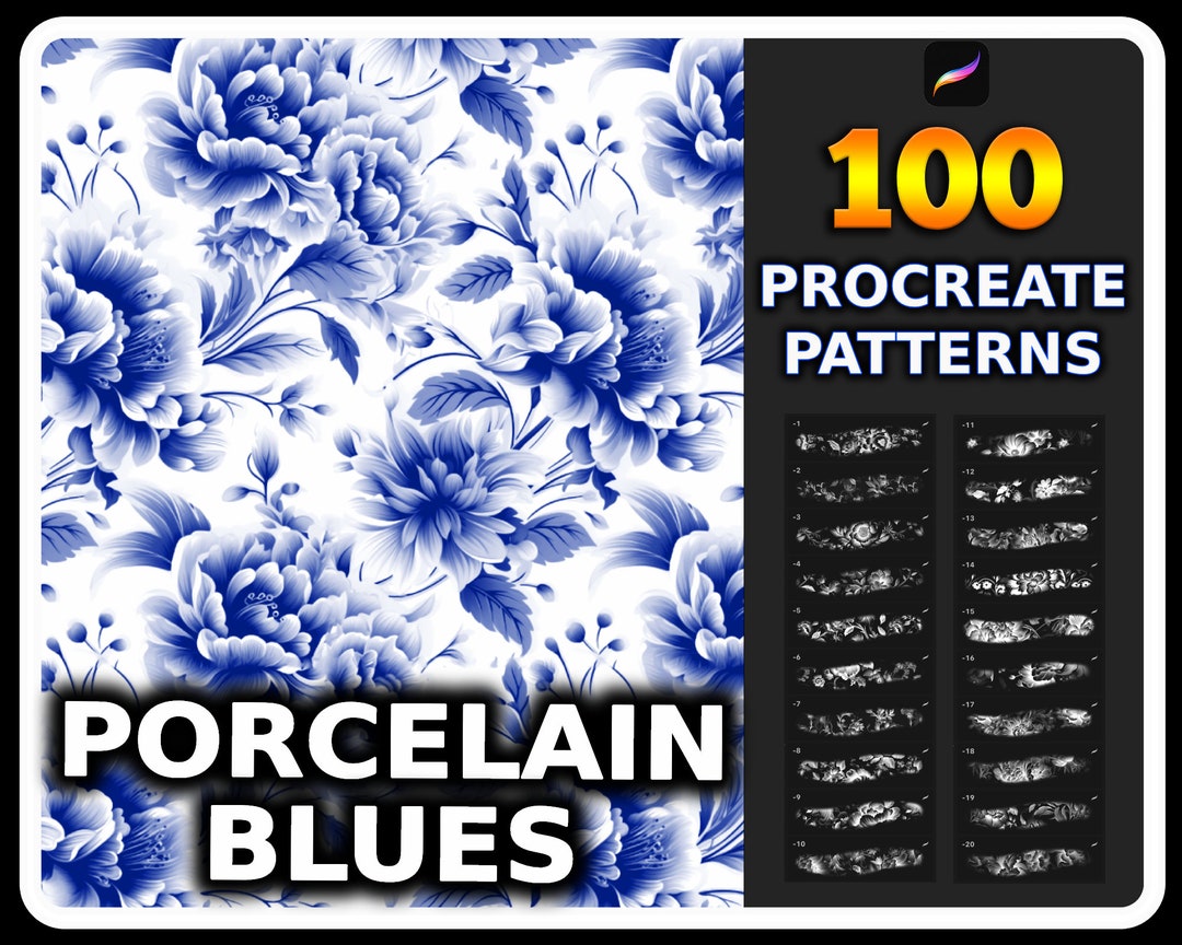 100 Procreate Porcelain Blues Pattern Brushes, Porcelain Pattern for ...