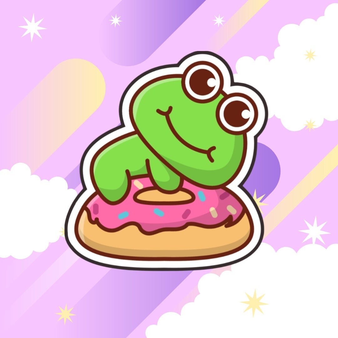 Green Frog on Pink Donut - Waterproof Animal Sticker - Foodie Gift ...
