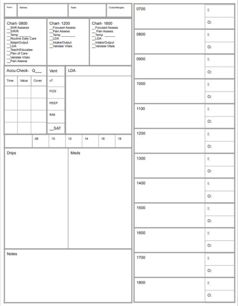 Icu Nurse Shift Flowsheet Dayshift - Etsy