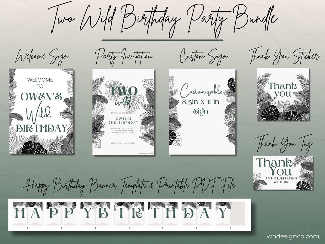 Two Wild Party Bundle - Editable Birthday Party Supplies - Printable ...