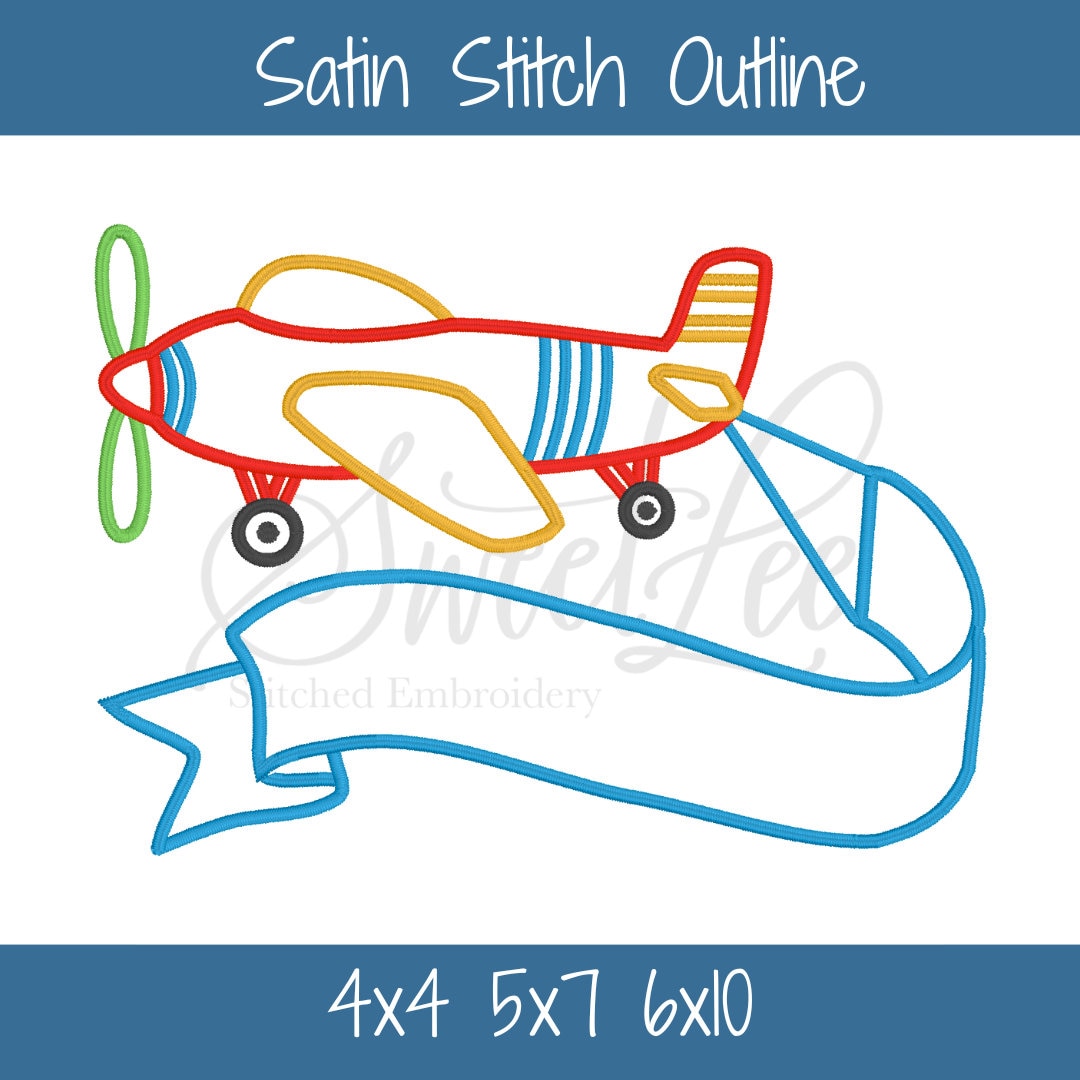 Banner Airplane Satin Stitch Outline Vintage Style Machine Embroidery ...
