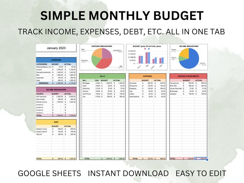 Simple Monthly Budget Spreadsheet - Etsy