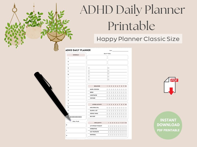 ADHD Daily Planner Printable for Happy Planner Classic Size Schedule ...