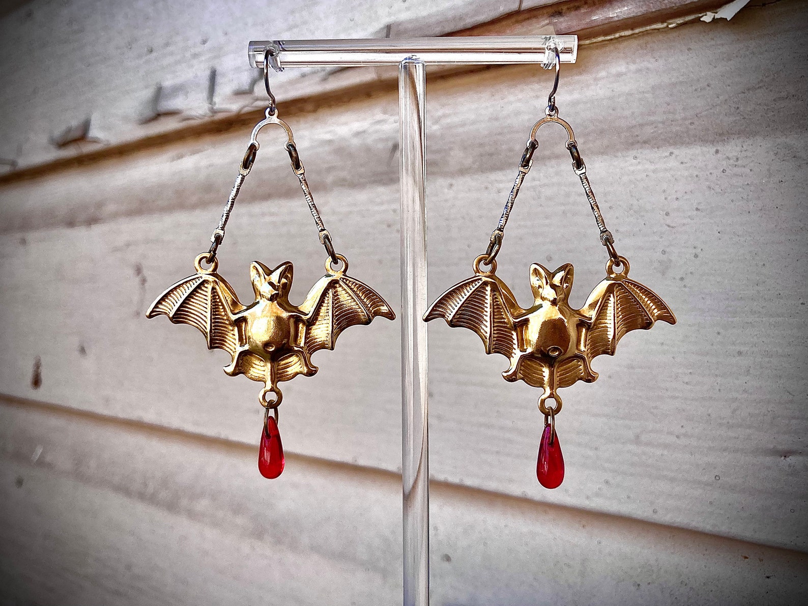 VAMPIRE BADDIES: Vampire Bat Earrings + Blood Drops • Brass/silver ...