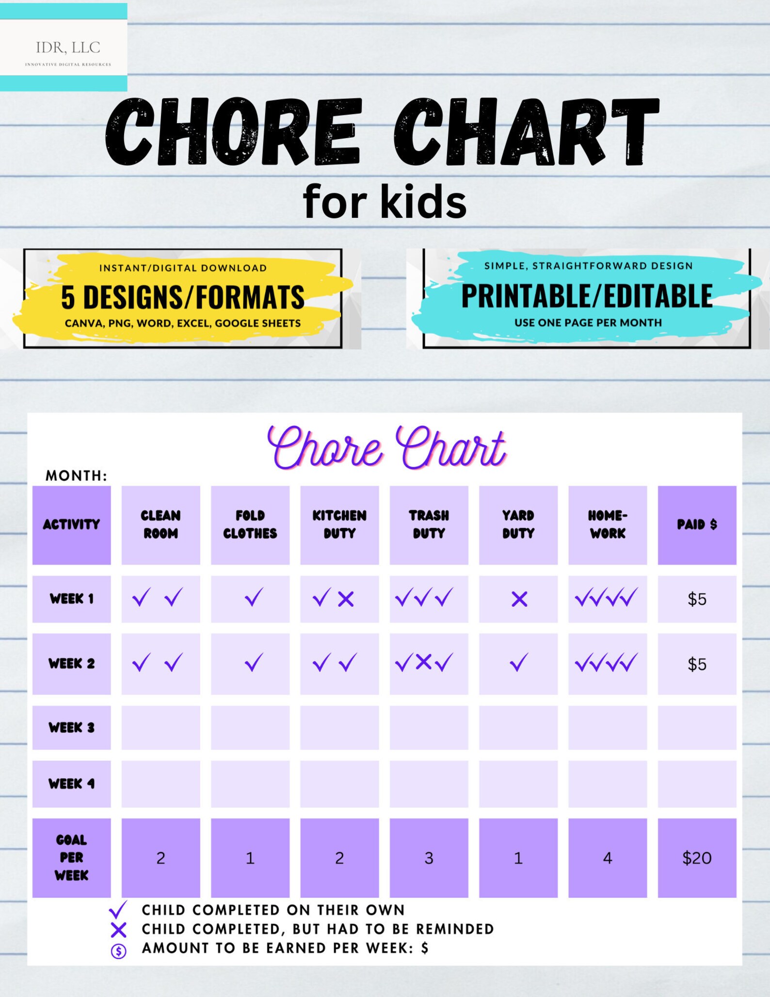 Weekly Chore Chart for Kids, Instant Digital Download, Printable ...