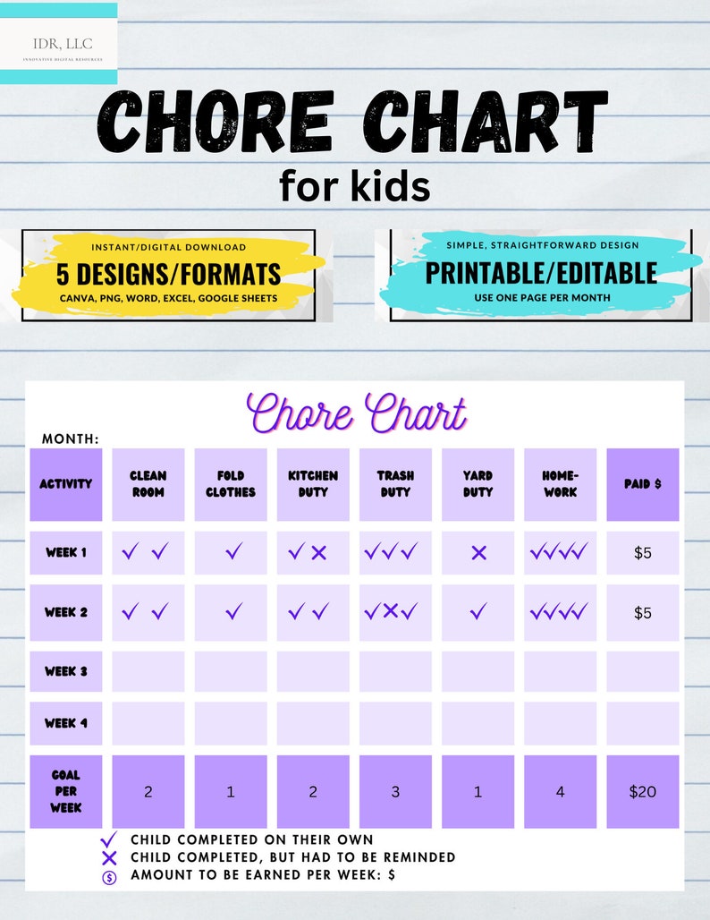 Weekly Chore Chart for Kids, Instant Digital Download, Printable ...