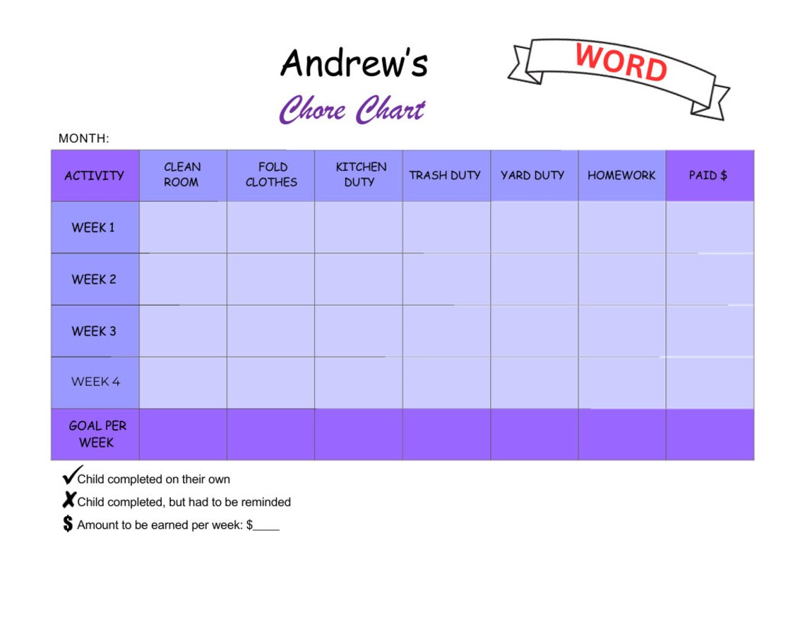 Weekly Chore Chart for Kids, Instant Digital Download, Printable ...