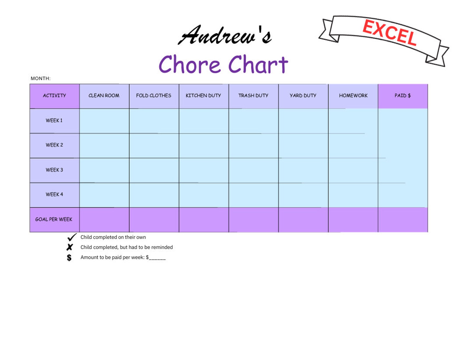 Weekly Chore Chart for Kids, Instant Digital Download, Printable ...