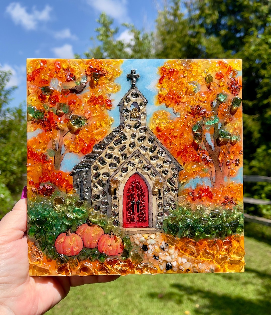 Autumn Chapel Mixed Media Art: Rustic Fall Decor, Mirror Glass, 8x8 ...