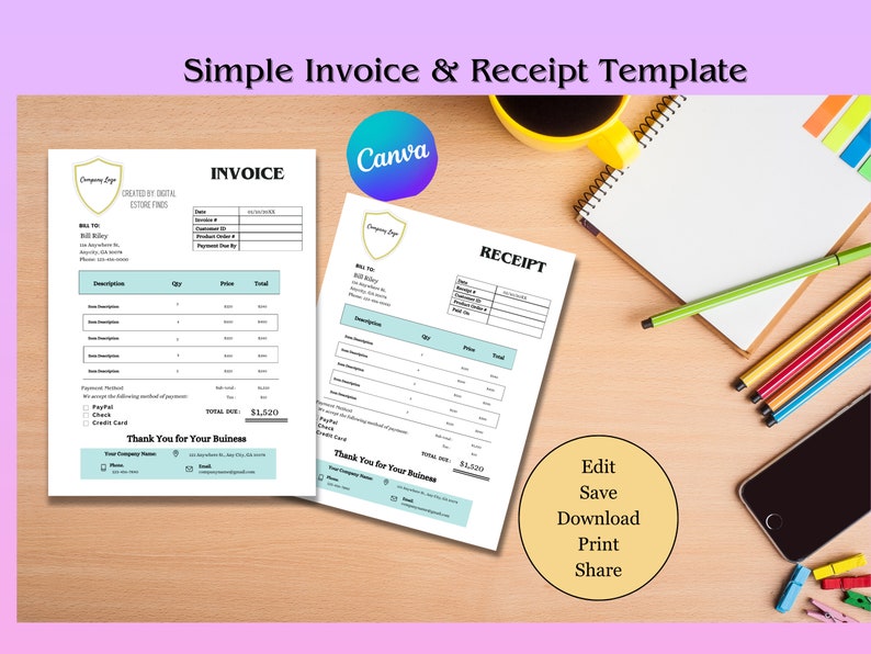 Basic Invoice Template Canva Invoice Template Digital - Etsy