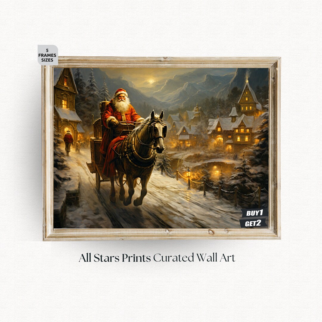 Vintage Christmas Wall Art Santa Festive Painting, Winter Wall Art Christmas Season Printable ...