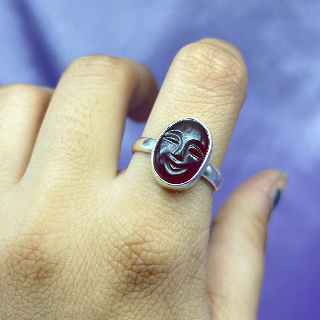 Moon Face Silver Ring, Garnet Gemstone Moon Face Ring, Silver Face Ring ...