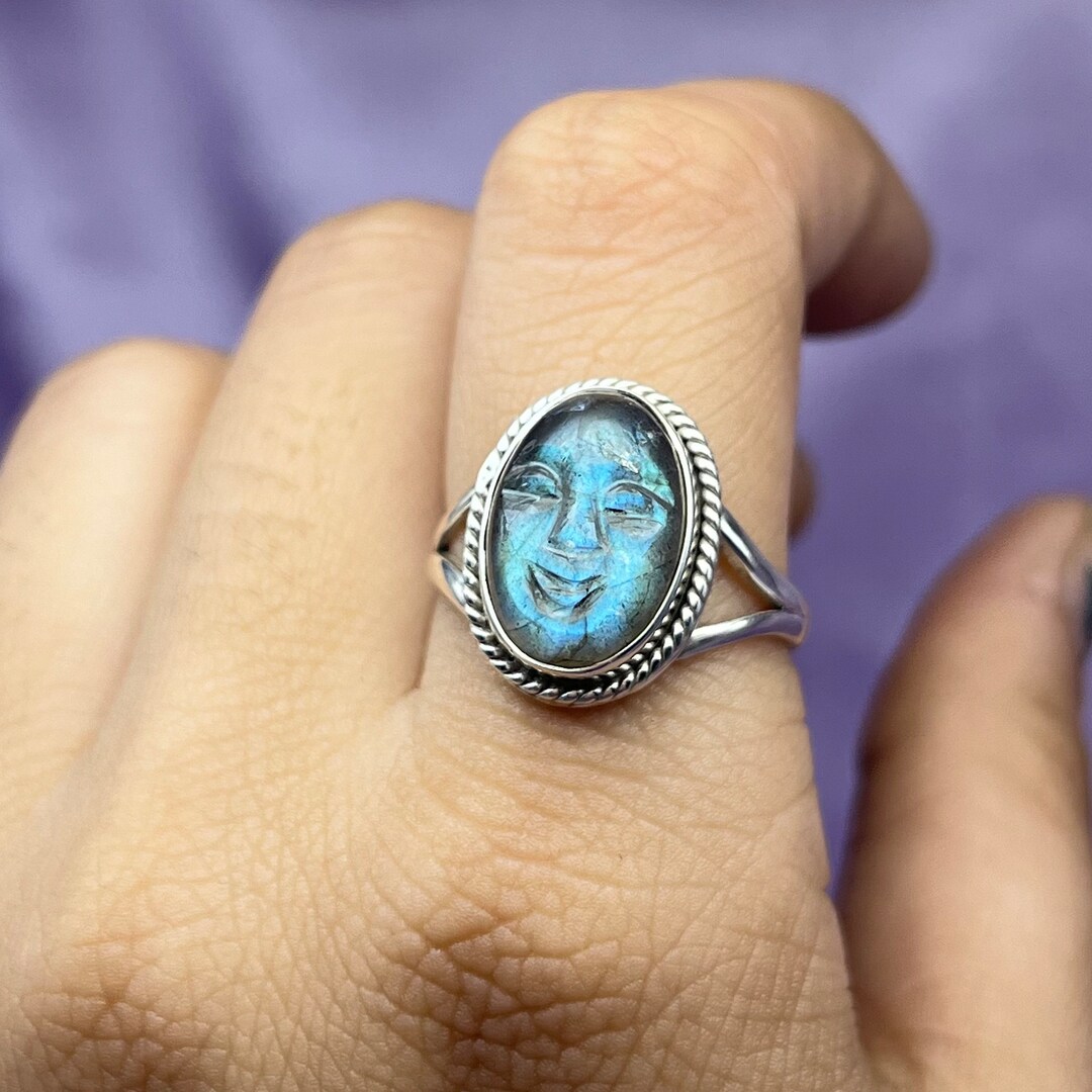 Labradorite Moon Face Silver Ring, Carving Labradorite Silver Face Ring ...