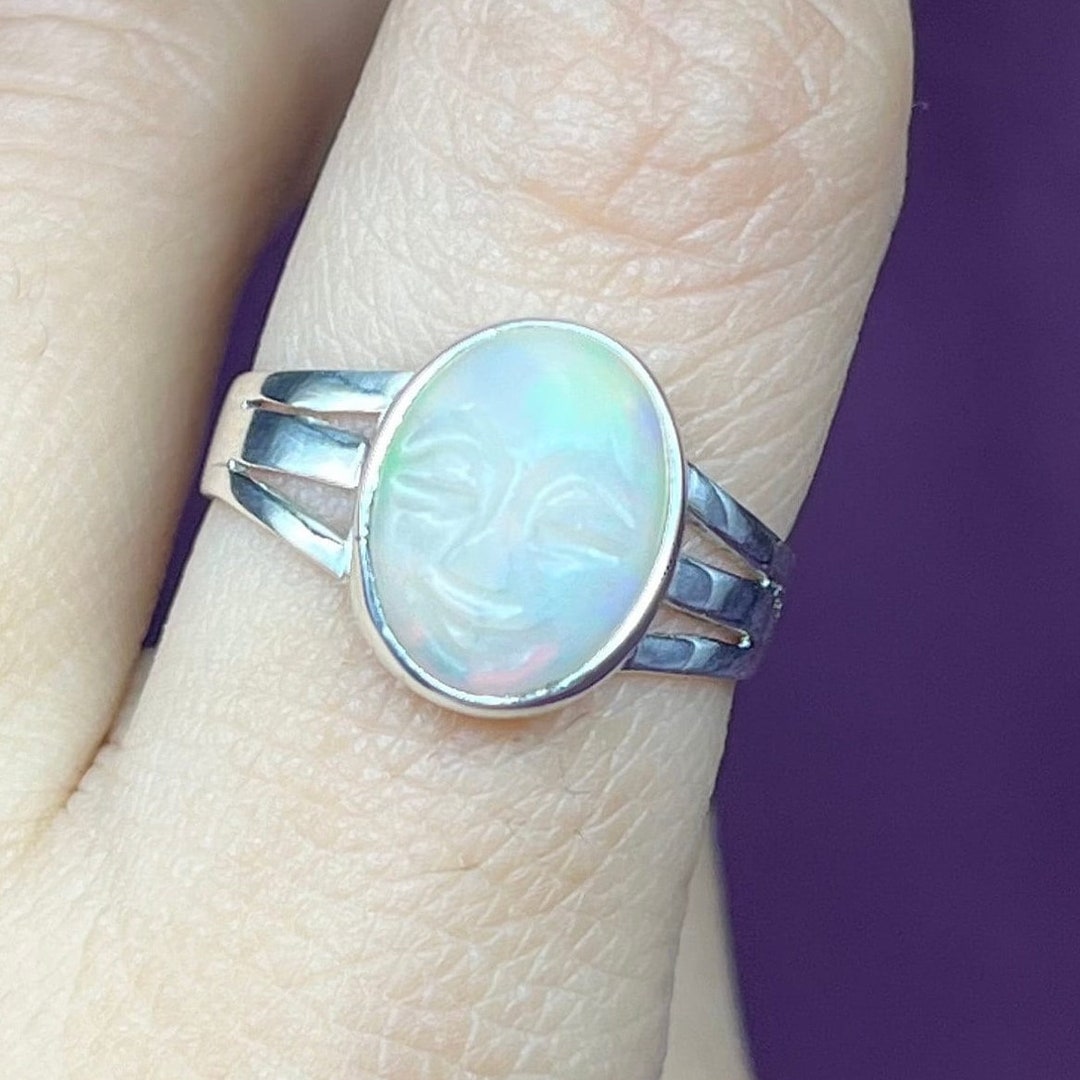 Moon Face Silver Ring, Moon Face Carving Ring, Carving Opal Gemstone ...