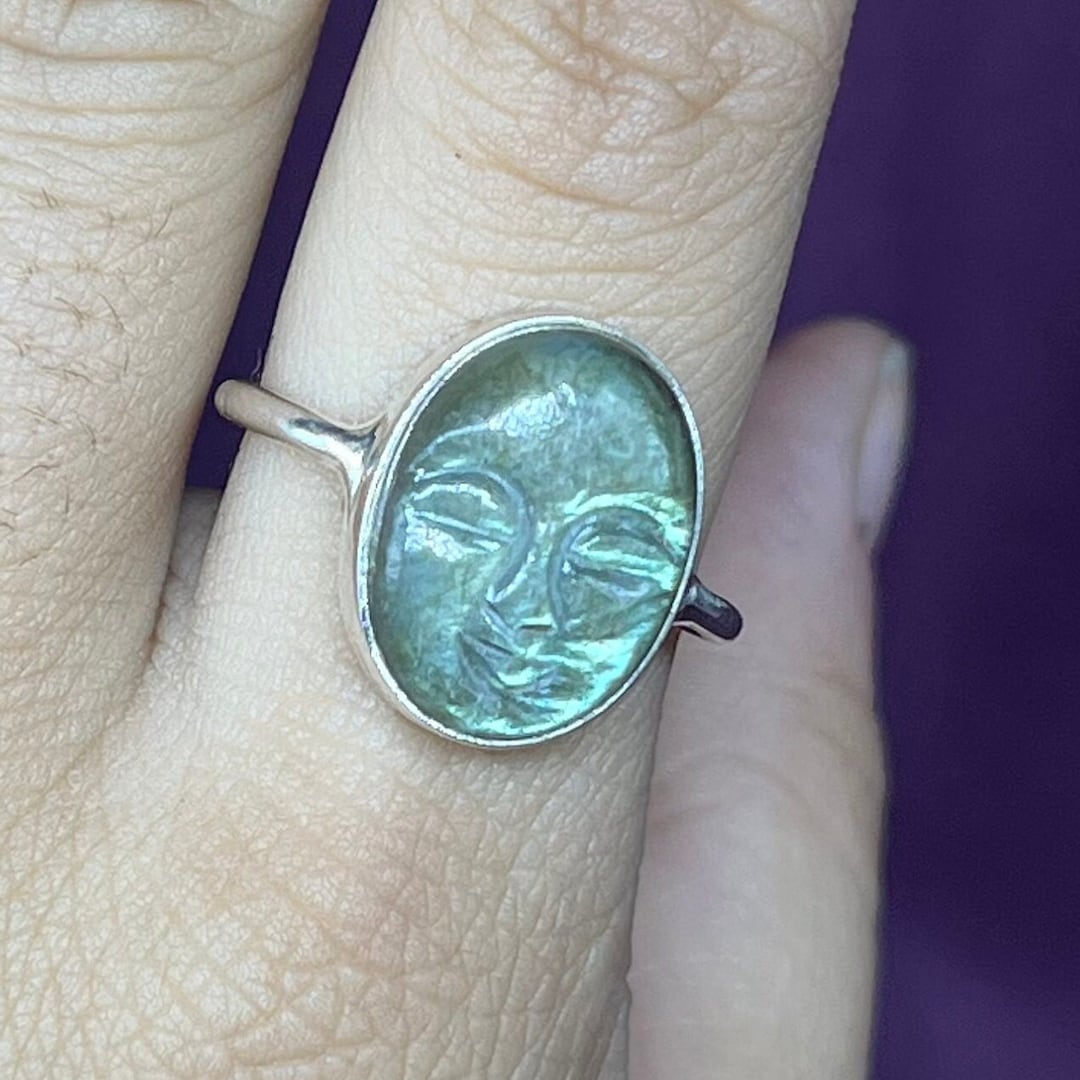 Natural Labradorite Moon Face Ring, Carving Labradorite Face Ring for ...