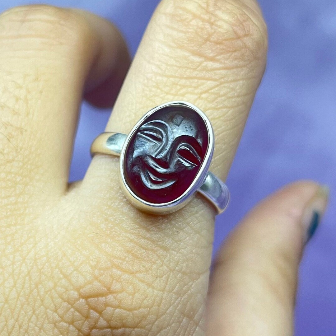 Moon Face Silver Ring, Garnet Gemstone Moon Face Ring, Silver Face Ring ...