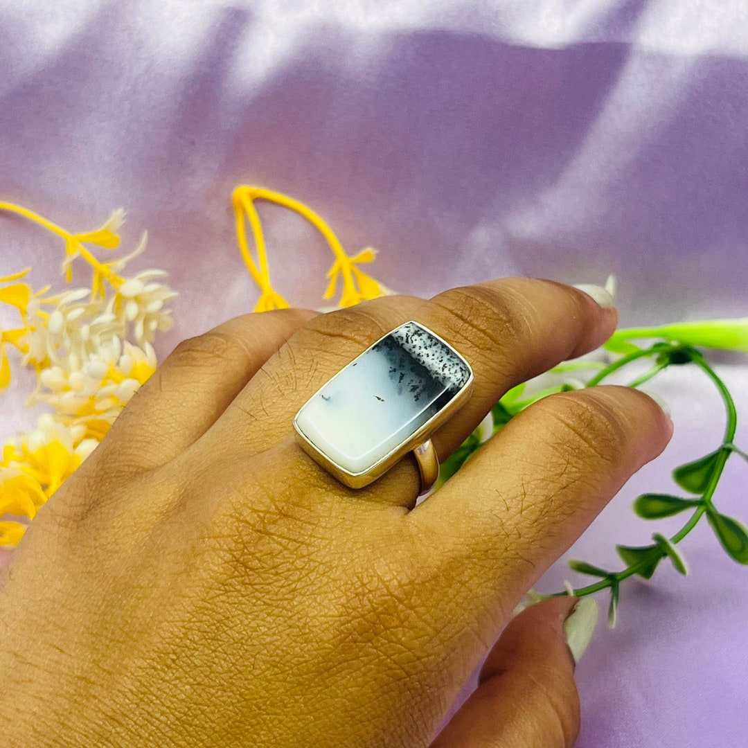 Natural Dendrite Agate Silver Ring, Dendrite Bar Stone Ring for Women ...