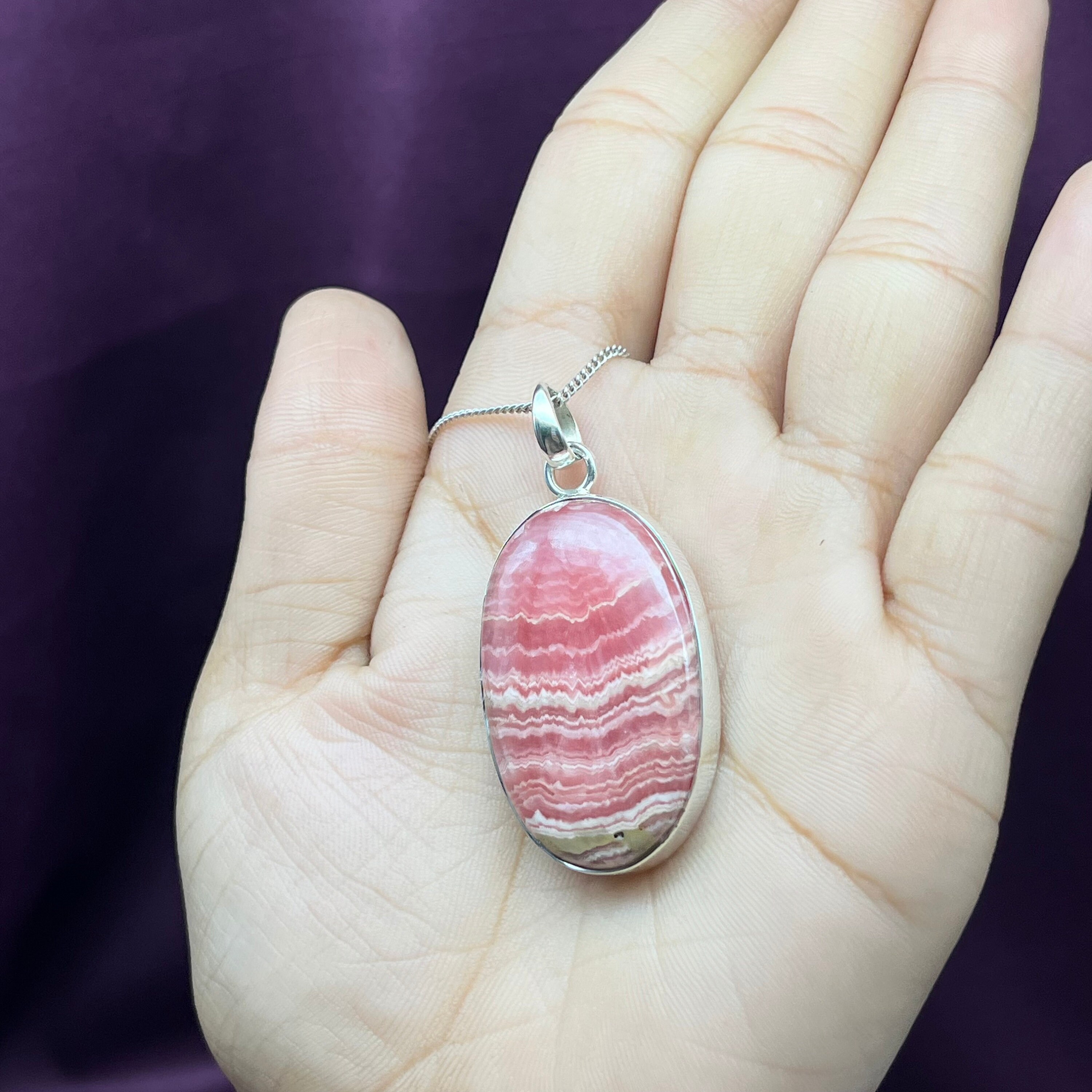Natural Rhodochrosite Silver Pendant, Oval Shape Rhodochrosite Gemstone ...
