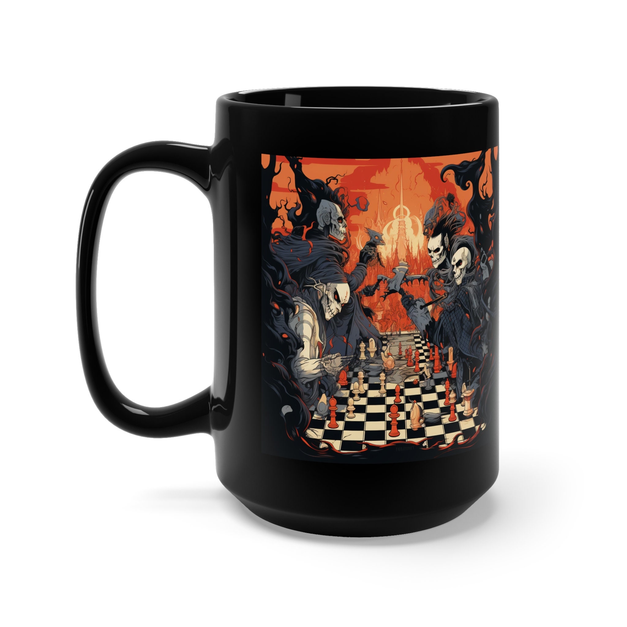 Ukiyo-e Halloween Chess Battle - 15oz Black Mug - Spooky Chess Pieces ...