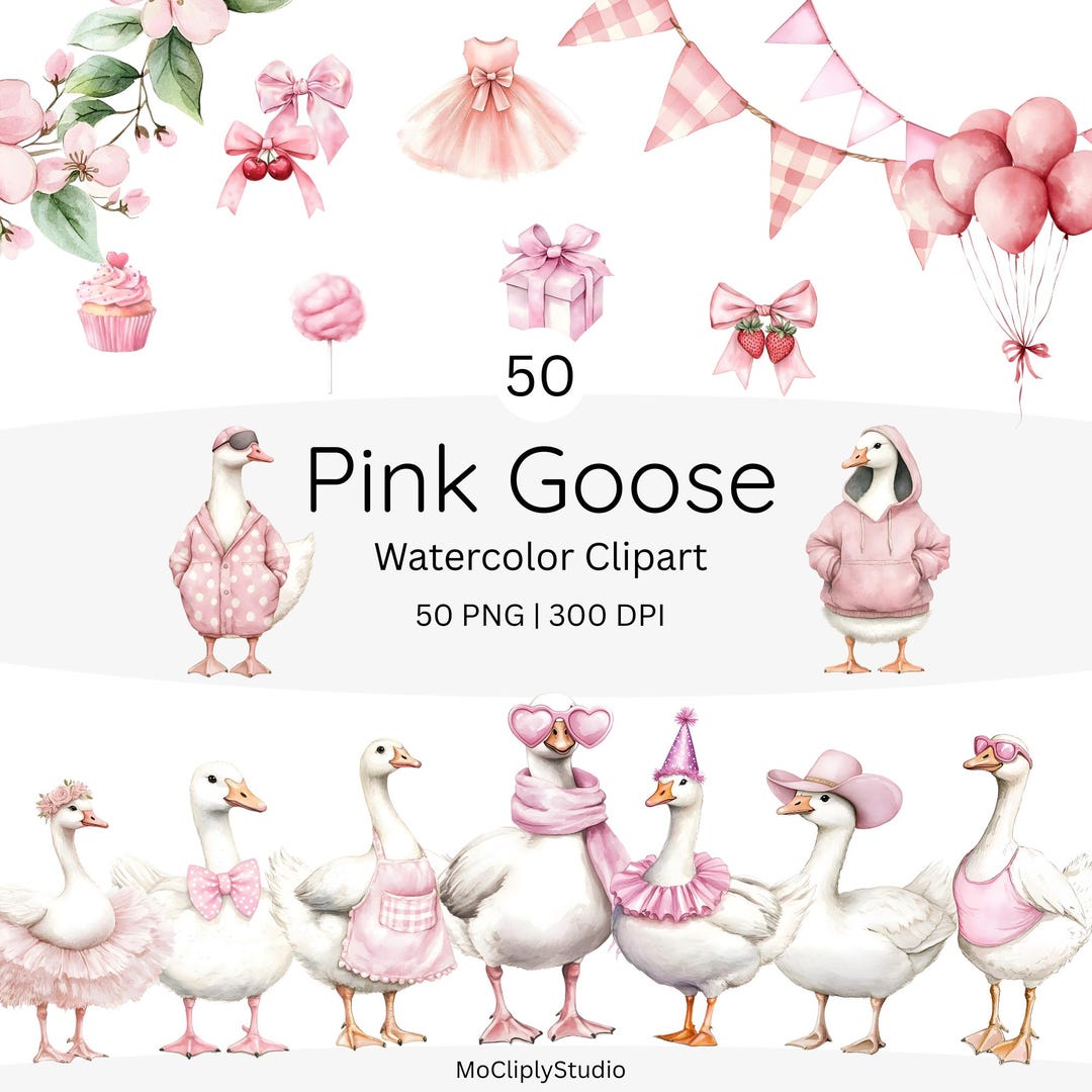 Pink Silly Goose Clipart, Watercolor Girly Goose Clipart, Whimsical ...