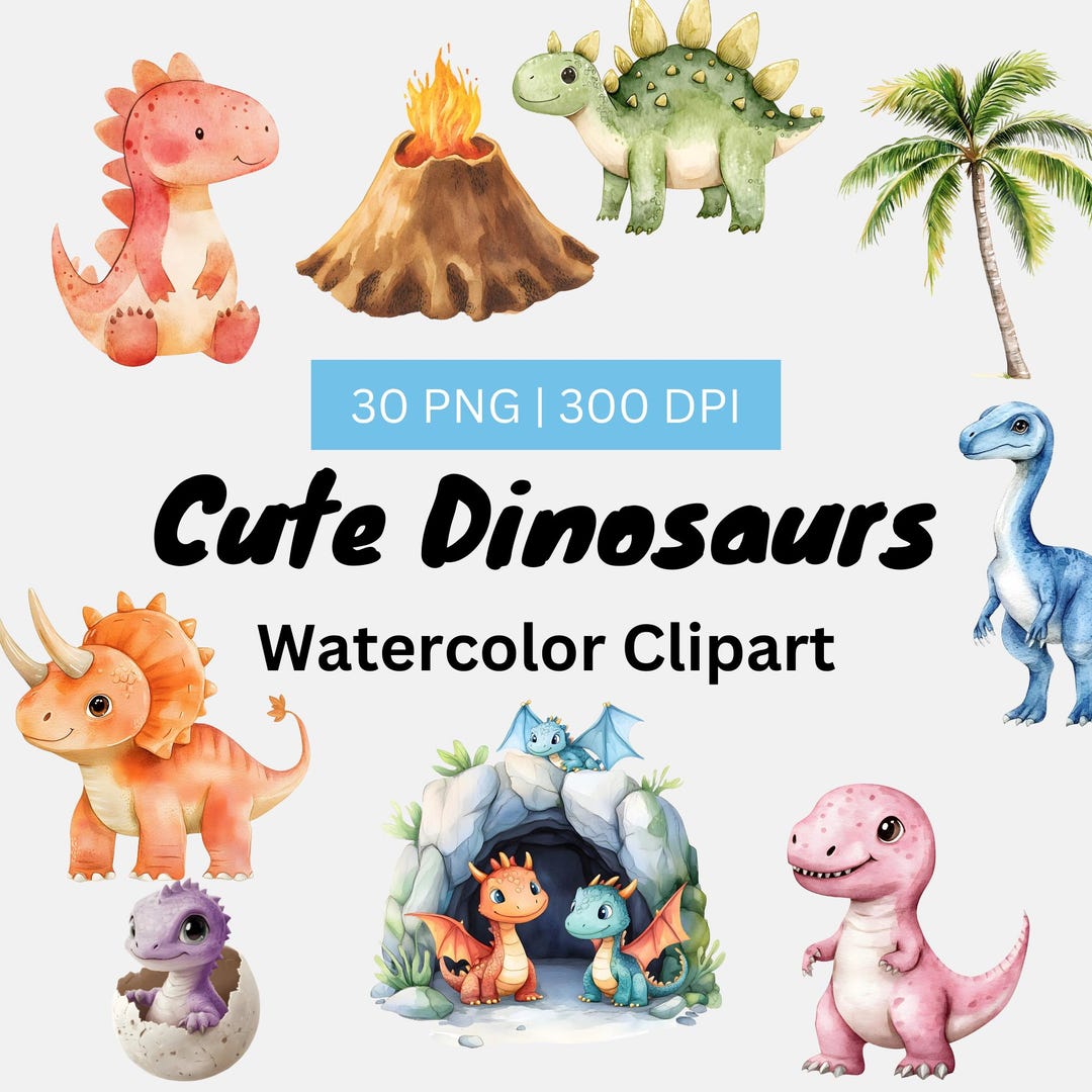 30 Watercolor Dinosaurs Clipart, Cute Baby Dino Clipart, Baby Shower ...