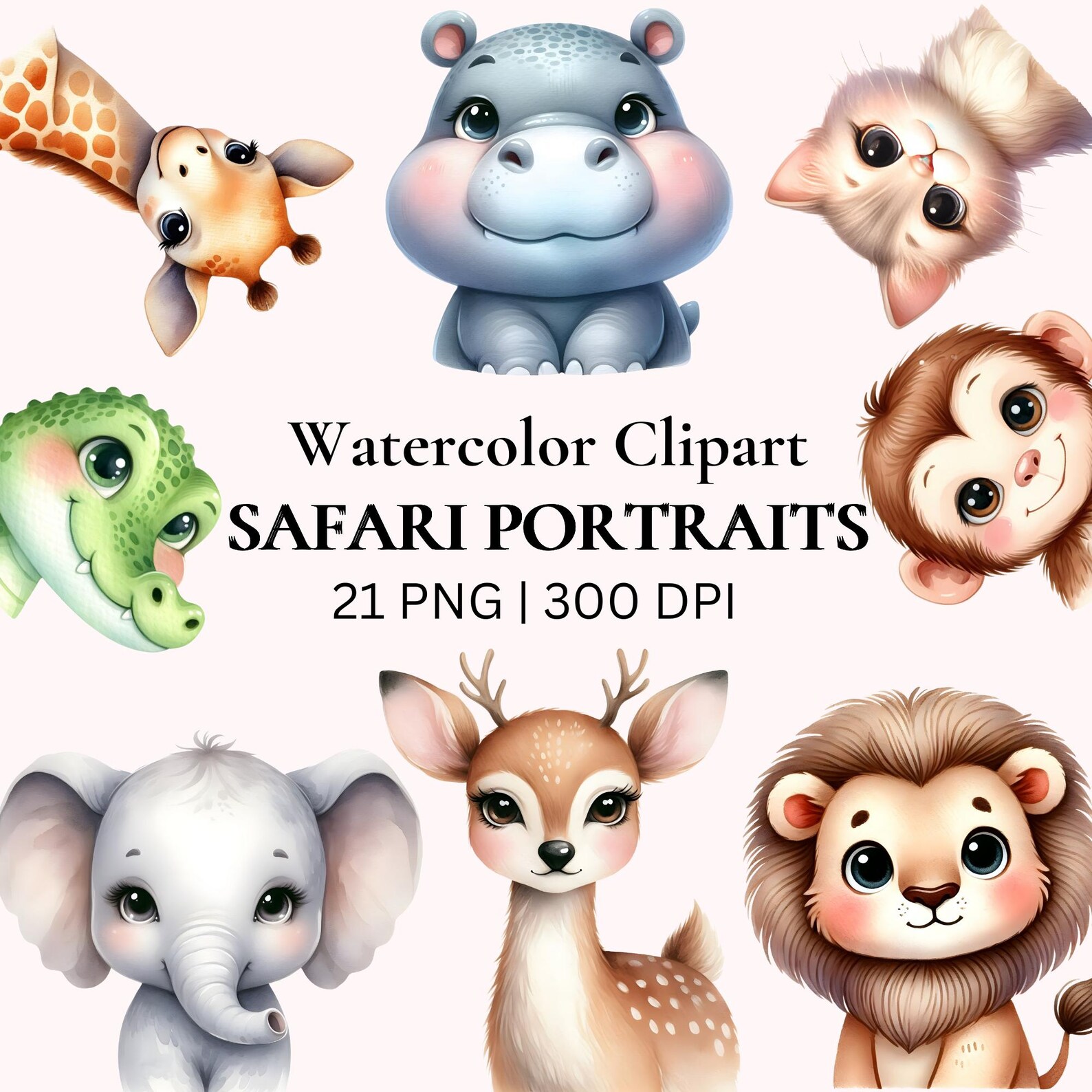Watercolor Safari Portraits Clipart, Baby Animals, Cute Animal Clipart ...