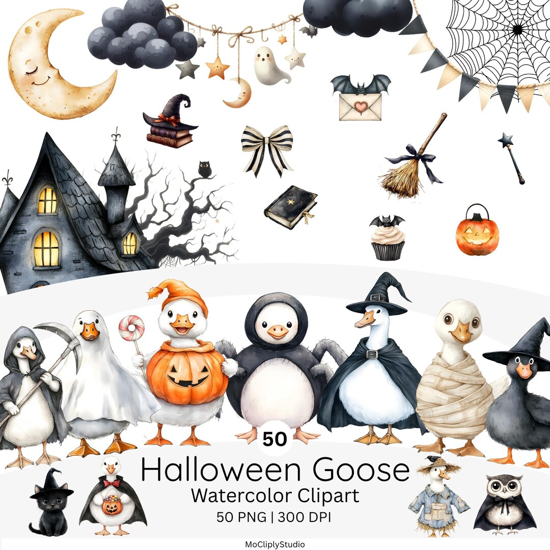 Watercolor Halloween Goose Clipart, Silly Goose Clipart, Whimsical ...