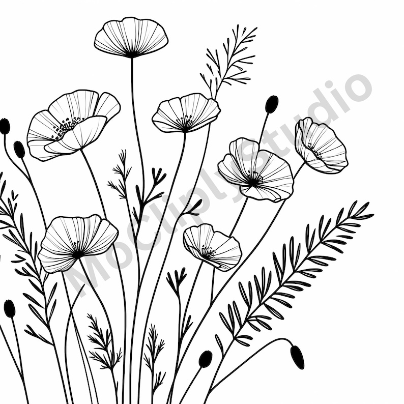 20 Wildflower Clipart Bundle, Black and White Floral Design Drawings ...