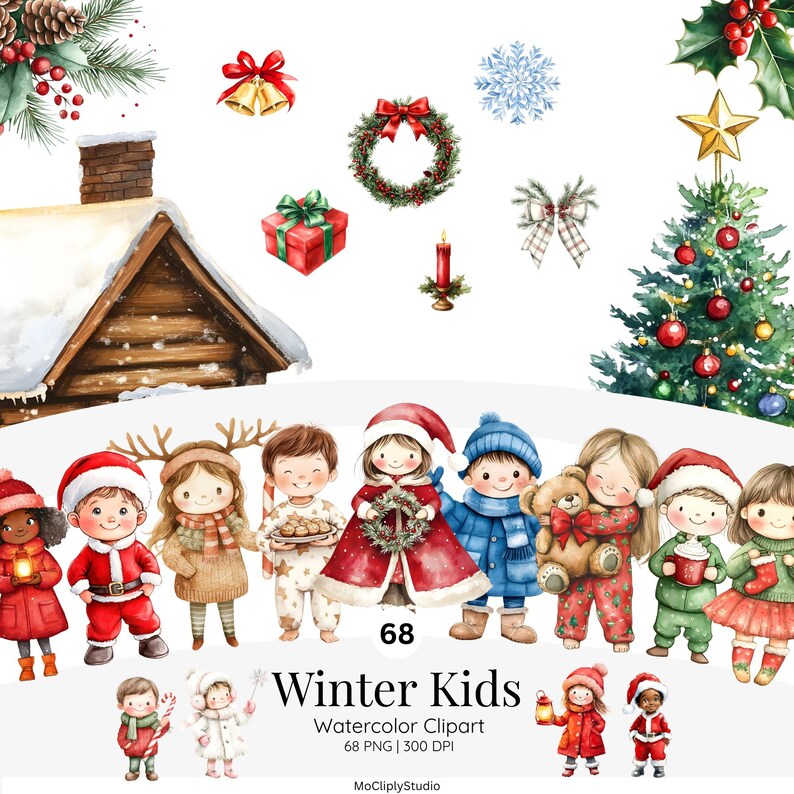 Winter Kids Clipart, Watercolor Christmas Kids Clipart, Cute Winter ...