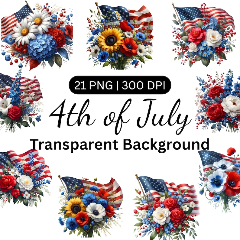 21 Patriotic Bouquet Clipart, 4th of July Clipart, American Art, Flower ...