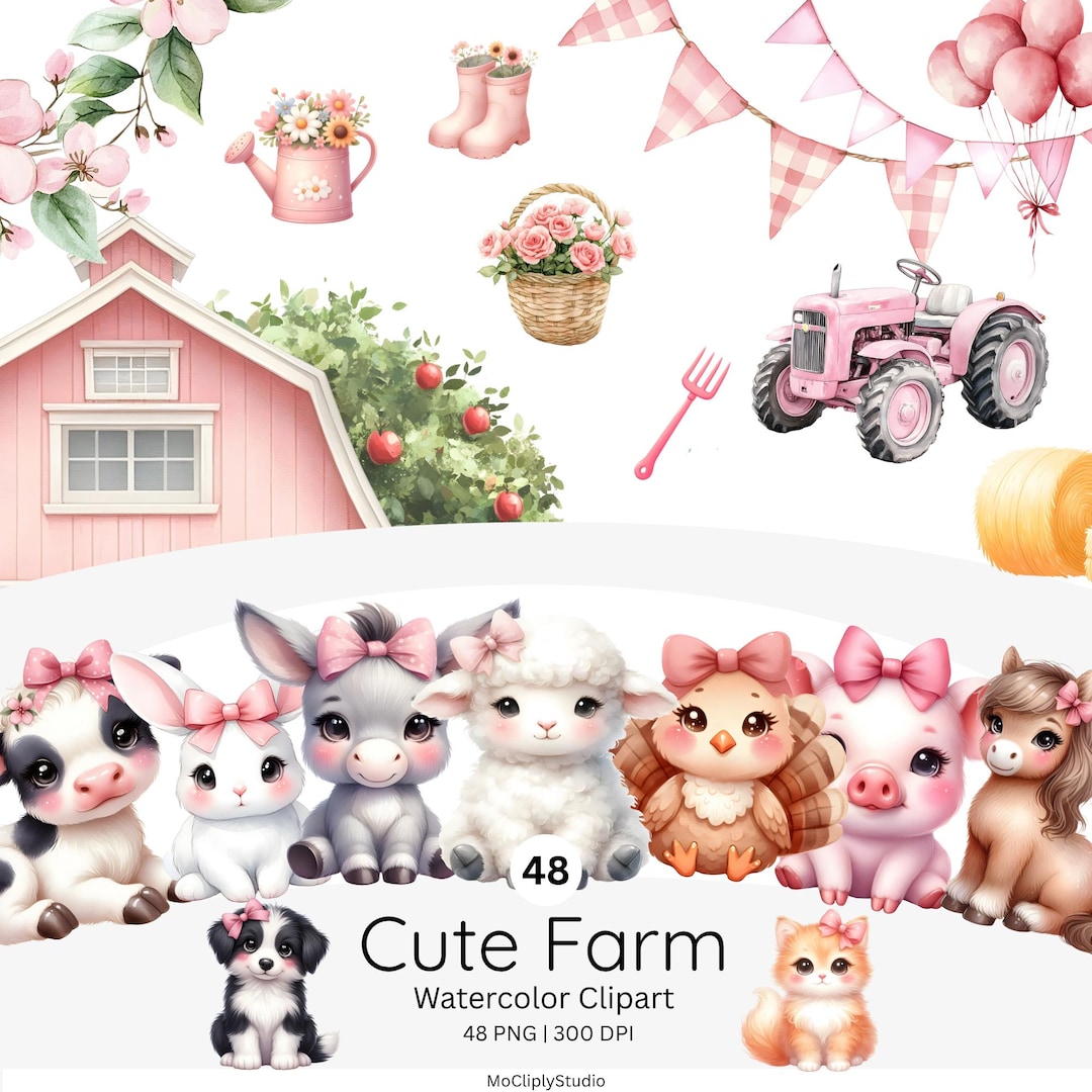 Pink Farm Clipart, Cute Farm Clipart, Watercolor Farm Animals Clipart ...