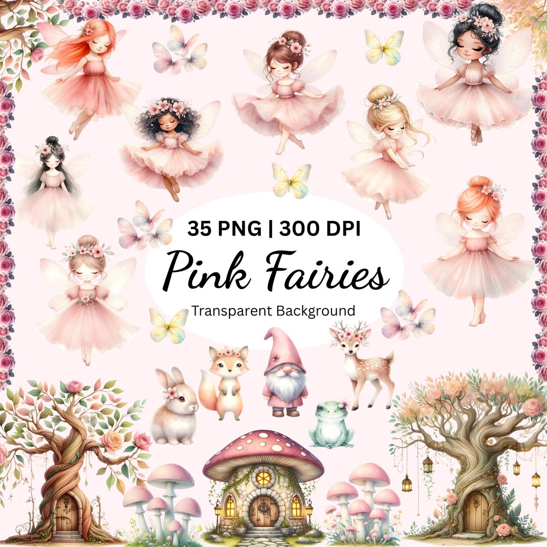 Watercolor Fairy Garden Clipart, Pink Fairy Princess Clipart, Enchanted ...