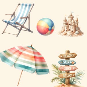 Watercolor Beach Day Clipart, Coastal Summer Clipart, Tropical Clipart ...