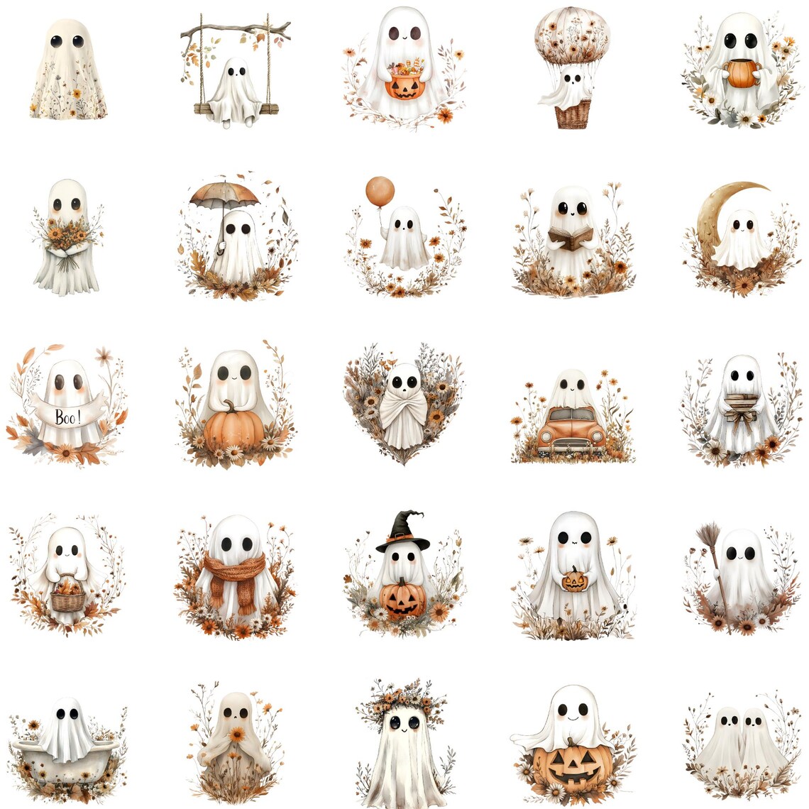 Watercolor Fall Ghost Clipart, Vintage Autumn Ghost Clipart, Autumn ...