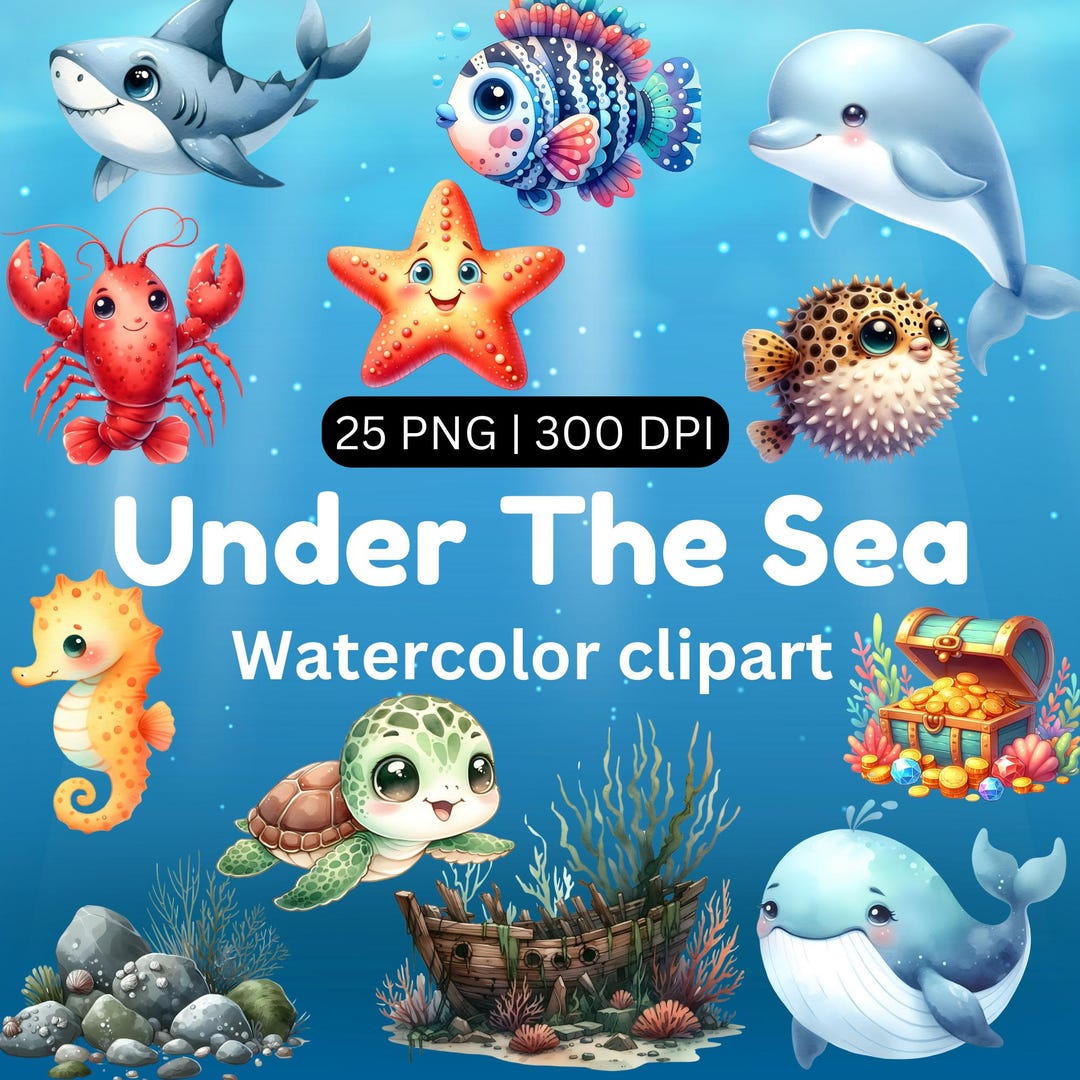 Under the Sea Watercolor Clipart, Cute Ocean Animals Png, Under Water ...
