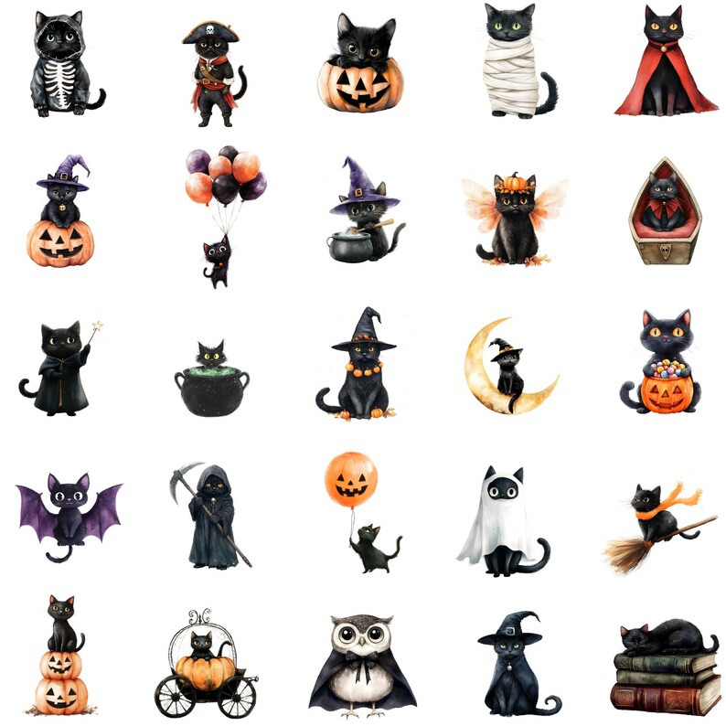 Watercolor Black Cat Parade Clipart, Cute Black Cat Clipart, Halloween ...