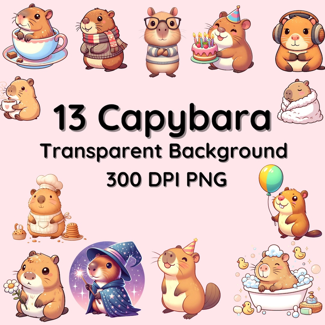 Cute Capybara Clipart, 13 Adorable Capybara 300 DPI PNG Images ...