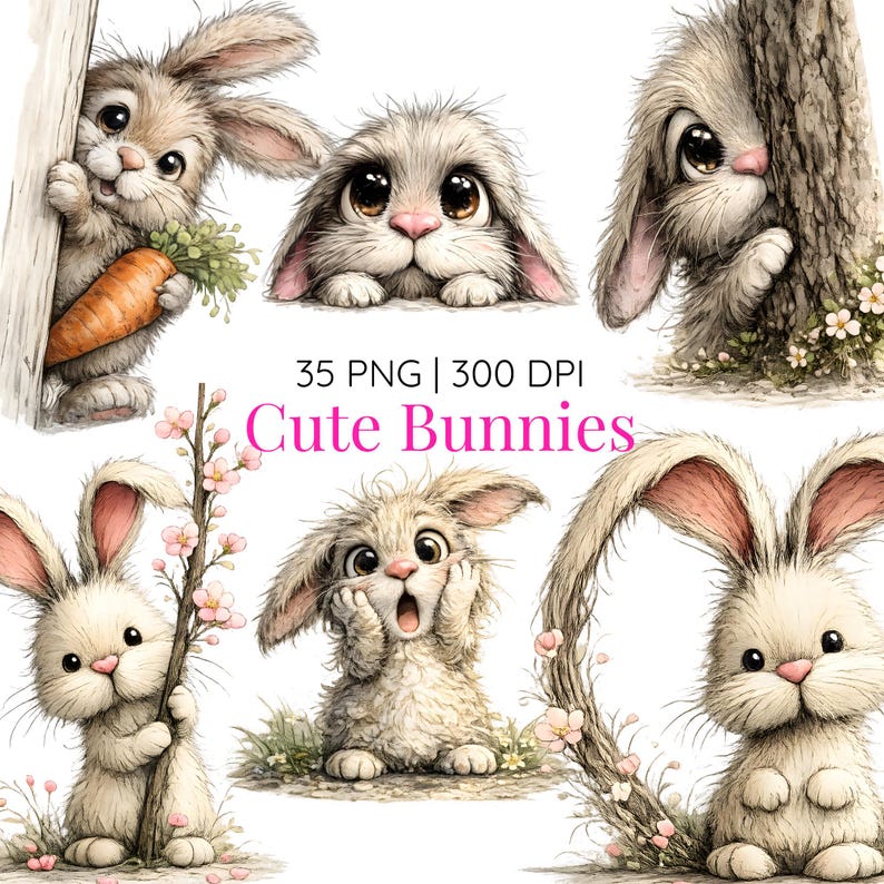 Easter Bundle Clipart, Vintage Easter Png, Whimsical Bunnies Clipart ...