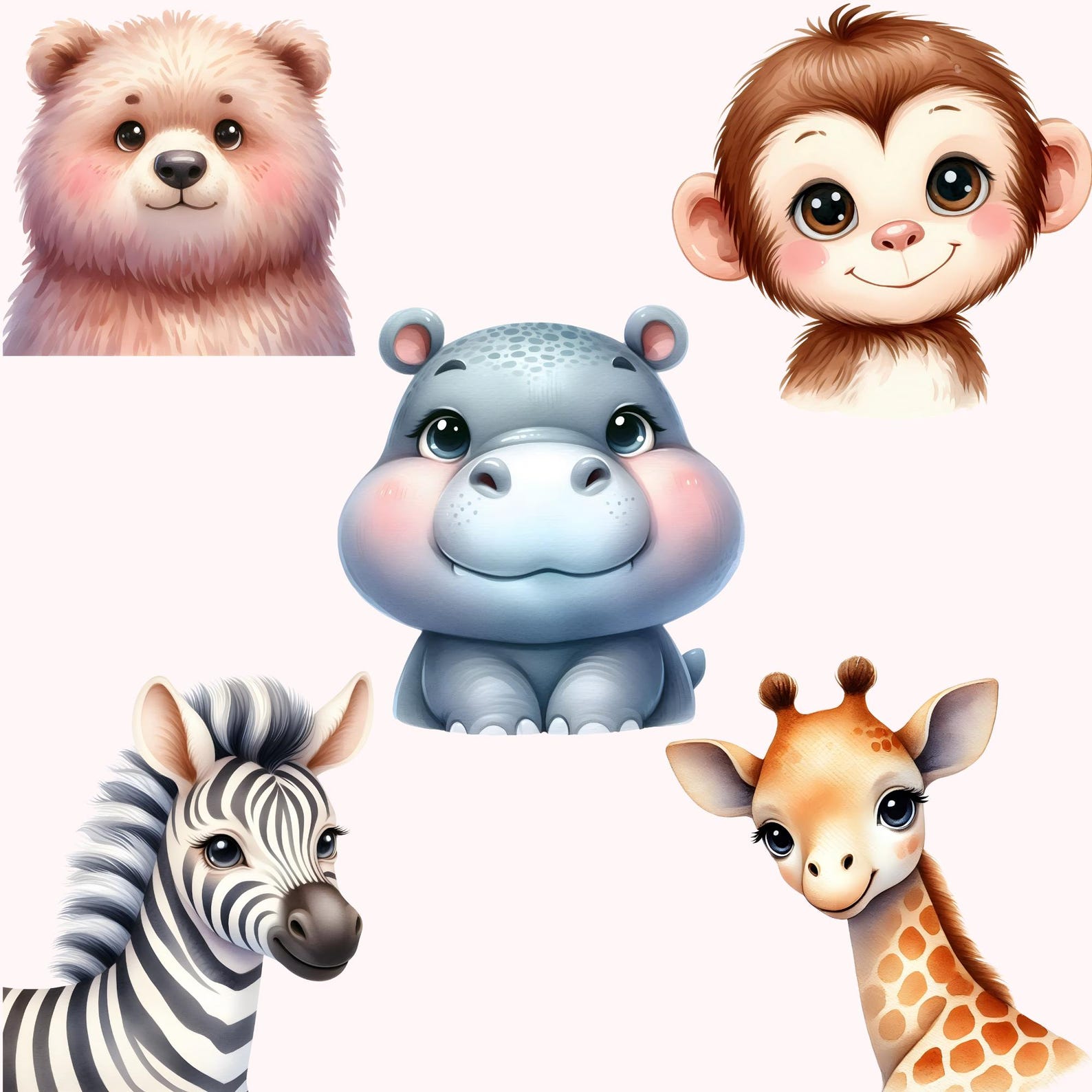 Watercolor Safari Portraits Clipart, Baby Animals, Cute Animal Clipart ...