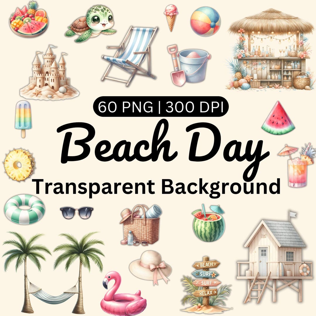 Watercolor Beach Day Clipart, Coastal Summer Clipart, Tropical Clipart ...