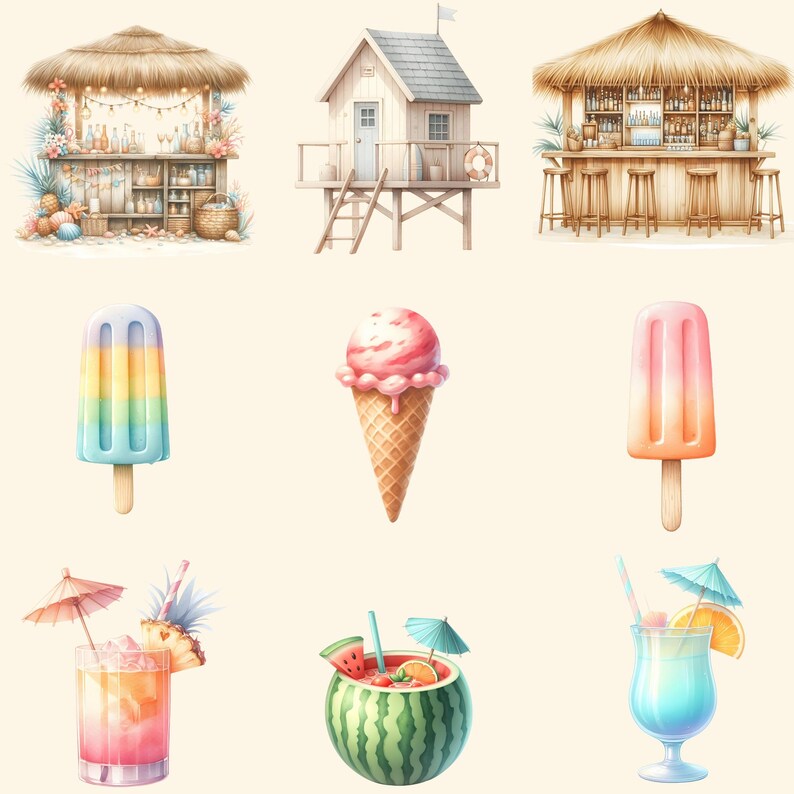 Watercolor Beach Day Clipart, Coastal Summer Clipart, Tropical Clipart ...