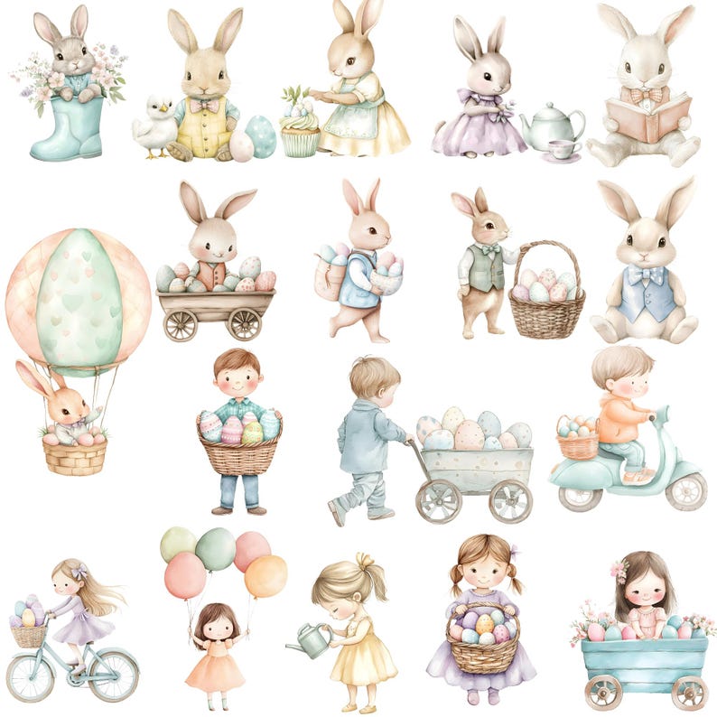 Pastel Easter Clipart, Watercolor Bunny Png, Easter Eggs, Spring Floral ...