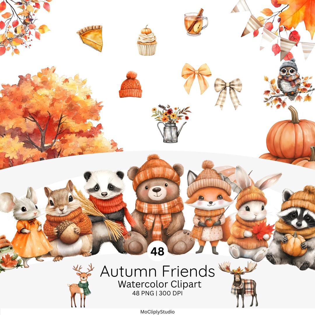 Fall Animals Clipart, Watercolor Autumn Friends Clipart, Woodland ...