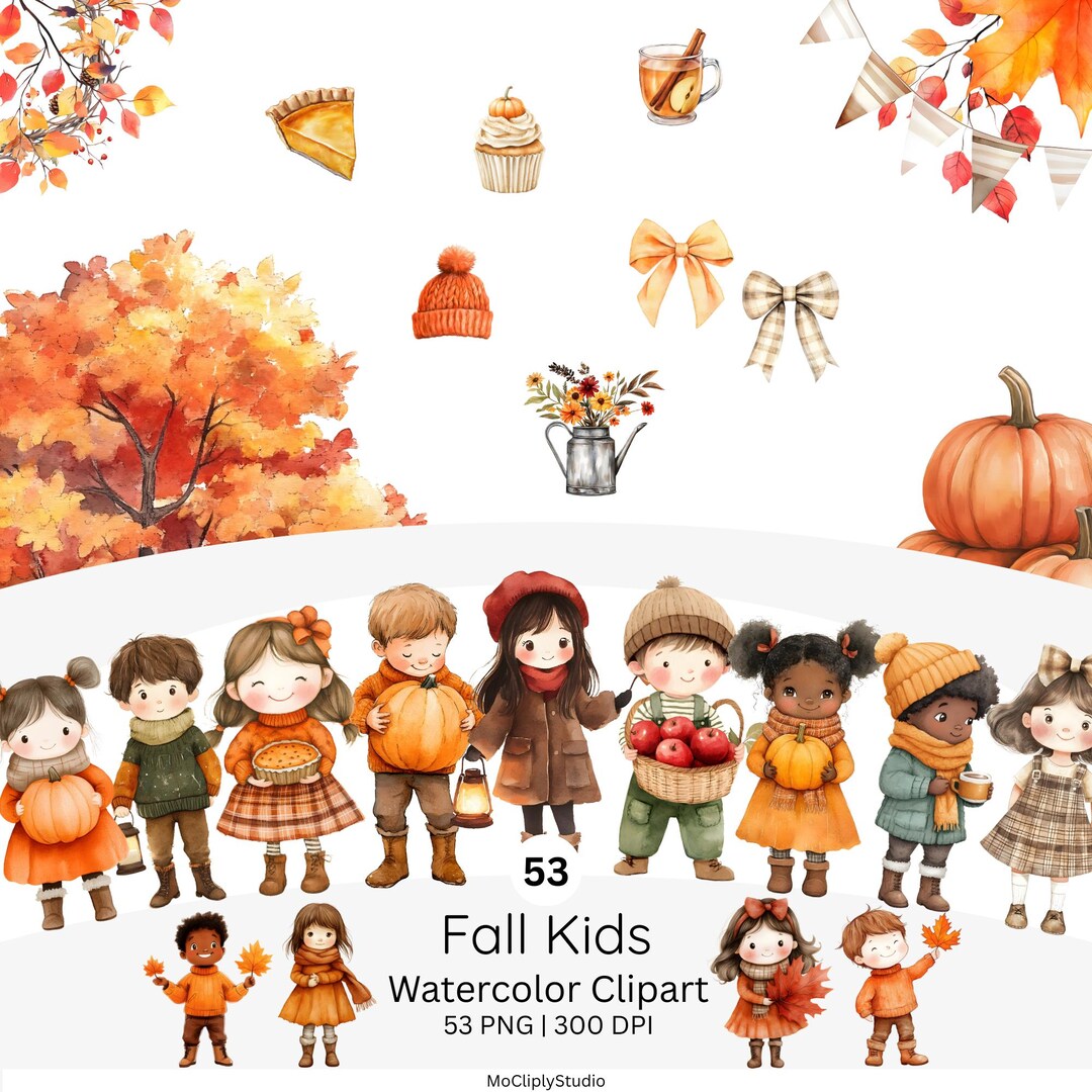Fall Kids Clipart, Watercolor Autumn Friends Clipart, Cute Autumn Kids ...