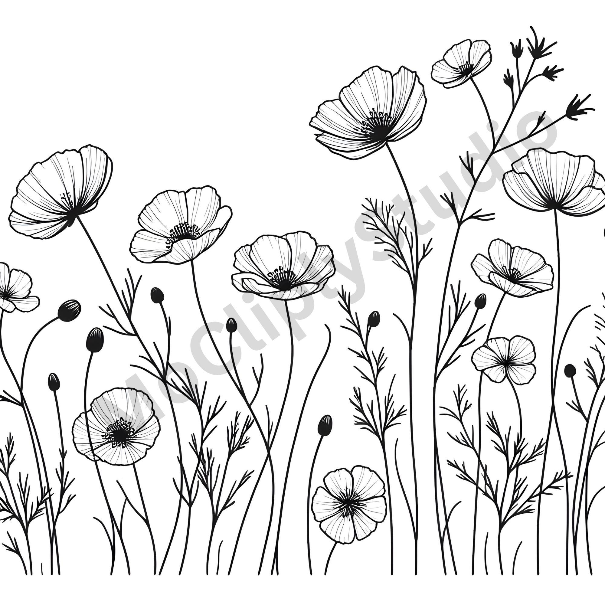 20 Wildflower Clipart Bundle, Black and White Floral Design Drawings ...