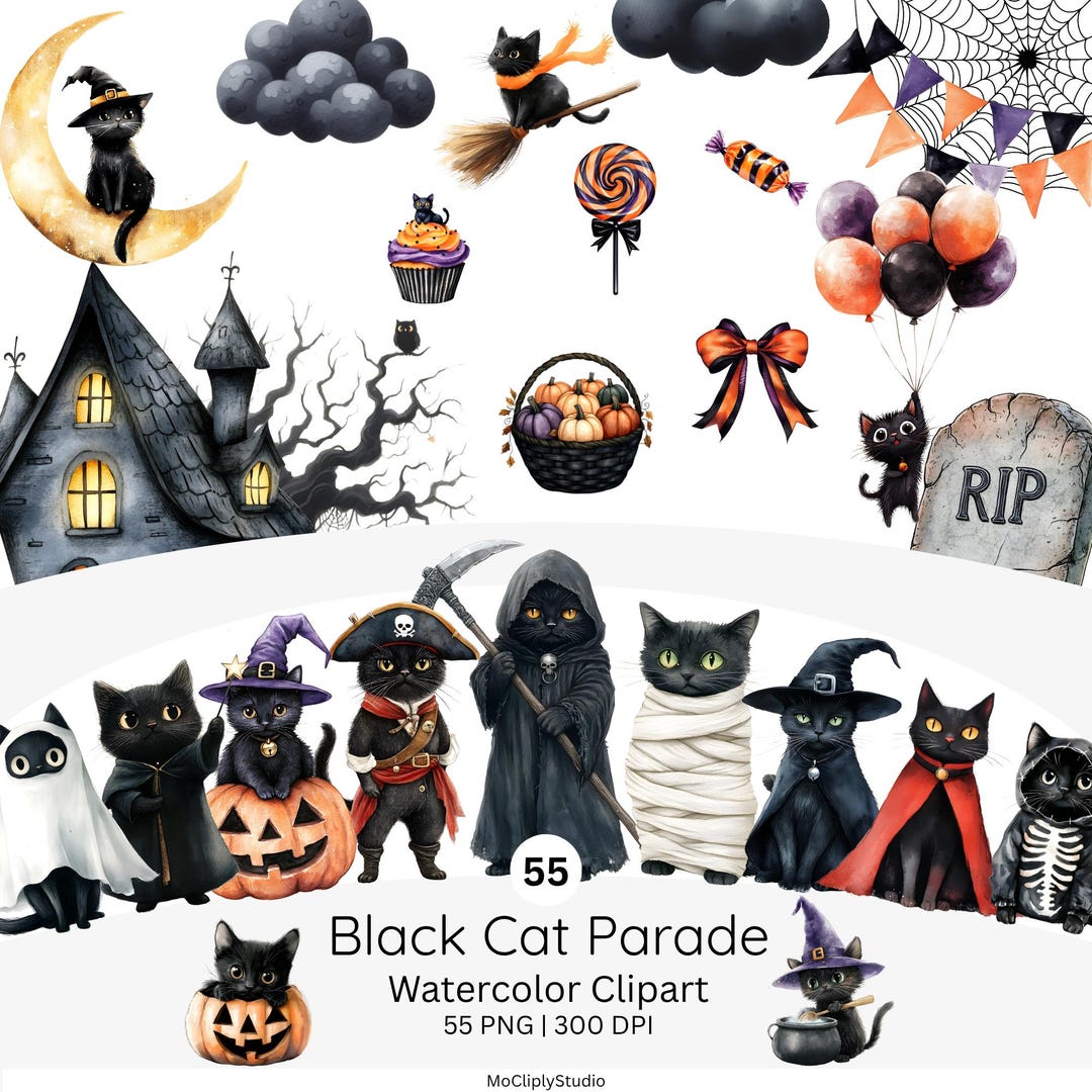 Watercolor Black Cat Parade Clipart, Cute Black Cat Clipart, Halloween ...