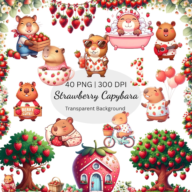 Strawberry Capybara Clipart, Cute Capybara Graphics, Sweet Clipart ...